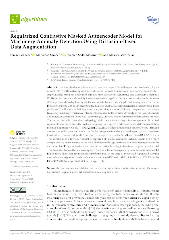 Regularized Contrastive Masked Autoencoder Model For Machinery Anomaly Detection Using Diffusion
