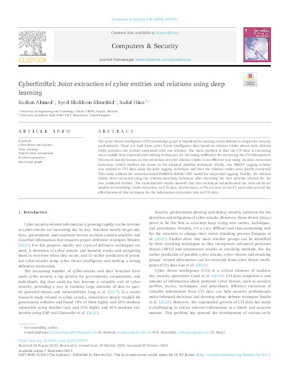 Cyberentrel Joint Extraction Of Cyber Entities And Relations Using Deep Learning